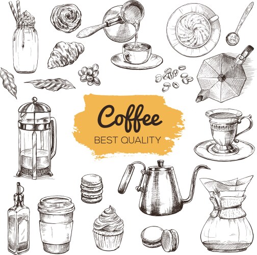 Hand drawn coffee set sketch Royalty Free Vector Image