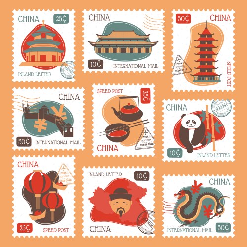 Set of old postage stamps with japanese symbols Vector Image