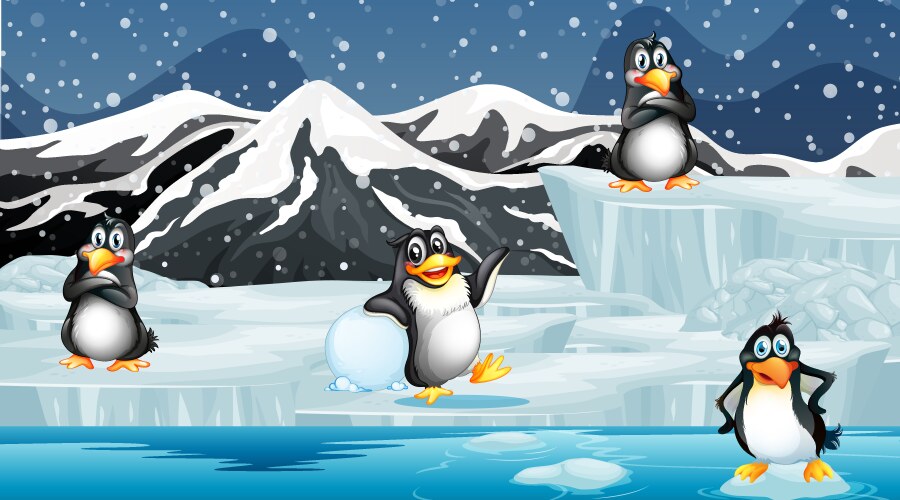 Scene with penguins in snow Royalty Free Vector Image