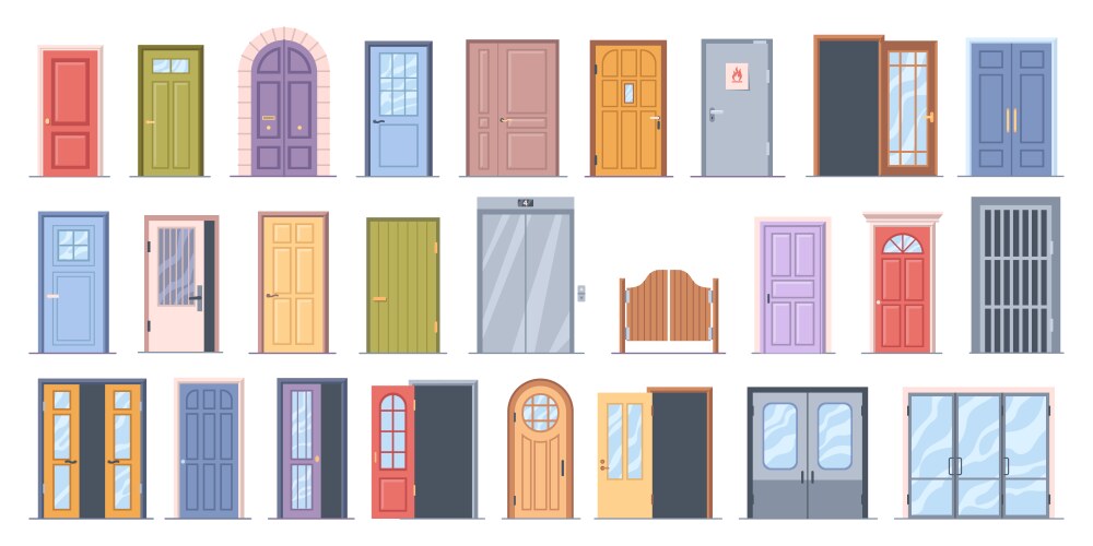 Detailed front doors flat icons set Royalty Free Vector