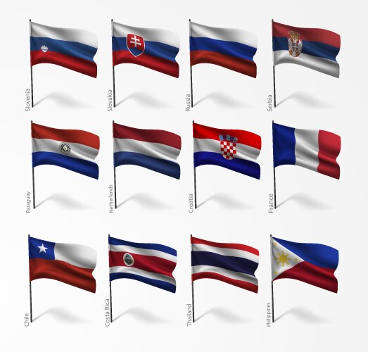 Collection of flags world on flagpole Royalty Free Vector