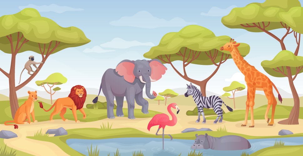 African animals cartoon savannah wildlife scene Vector Image