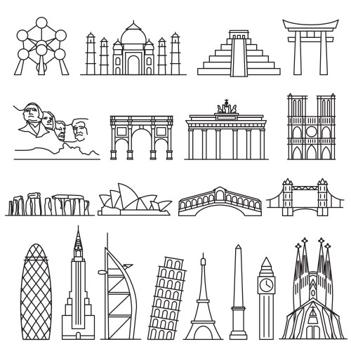 World landmarks signs black thin line icon set Vector Image