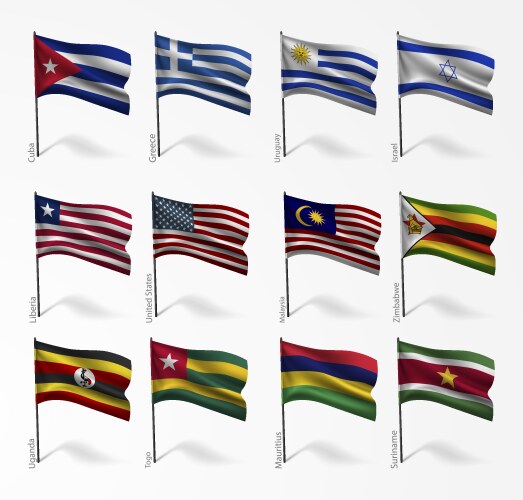 Collection of flags world on flagpole Royalty Free Vector