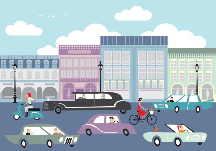 Cartoon city crossroads with cars in traffic jam Vector Image