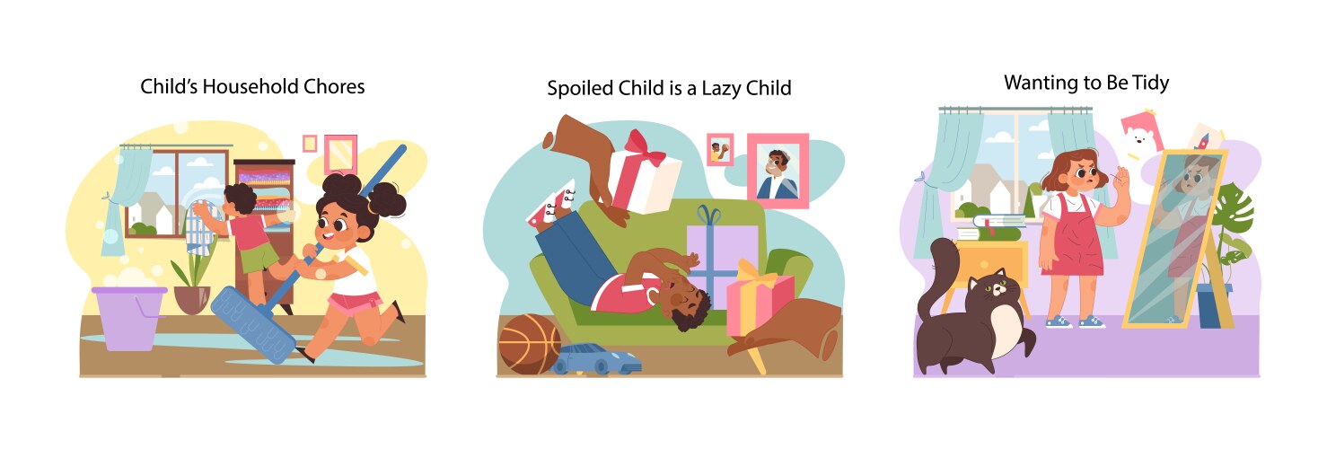 Childhood responsibilities set flat Royalty Free Vector