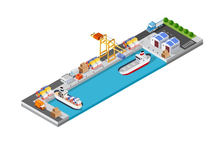 Cargo port isometric composition Royalty Free Vector Image