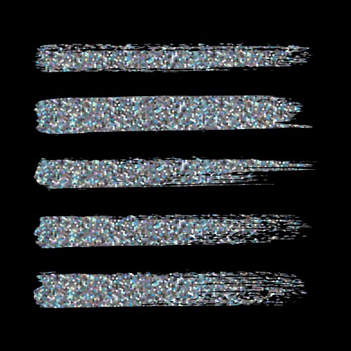 Silver glitter brush strokes set isolated at black