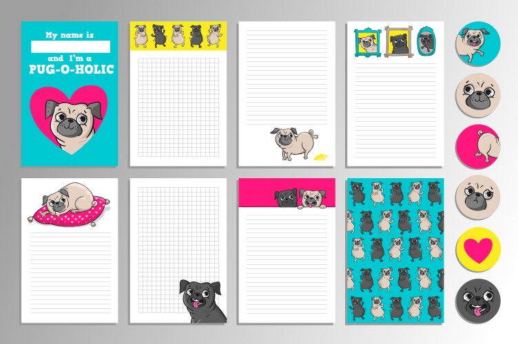 Printable set with cute pugs Royalty Free Vector Image