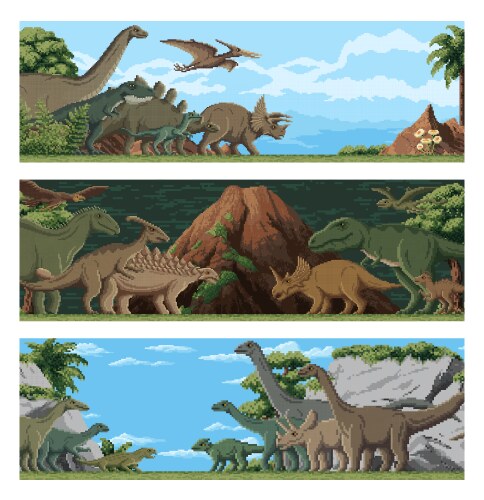 8 bit pixel art dinosaurs dino world park banners Vector Image