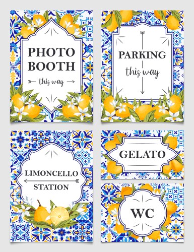 Frame with blue tiles and lemon branches Vector Image