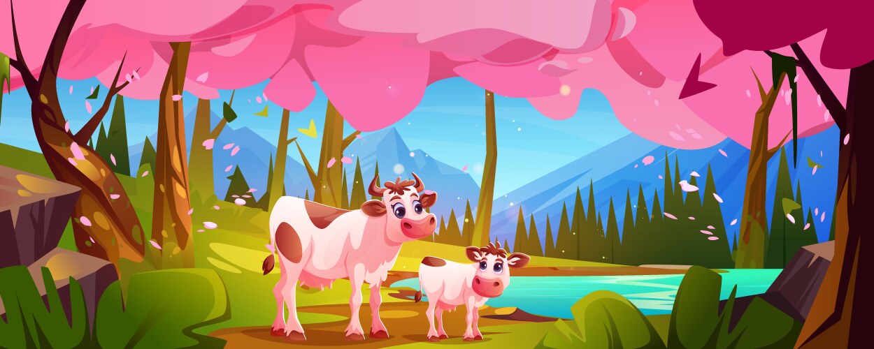Cartoon cow with calf in the autumn weather Vector Image