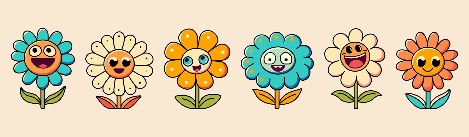Groovy flower cartoon characters funny happy Vector Image