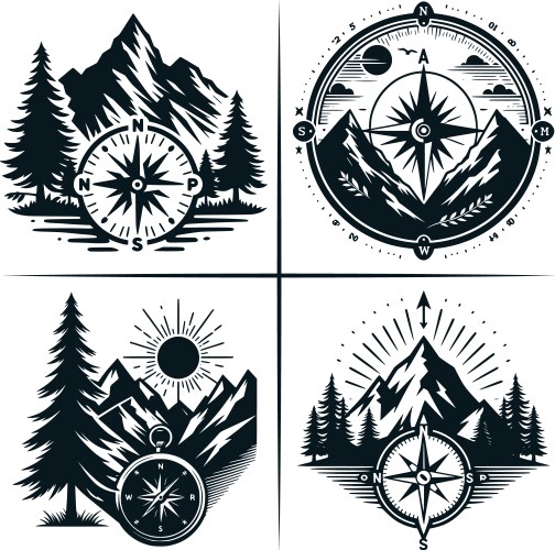 Compass with mountain scene silhouette file Vector Image