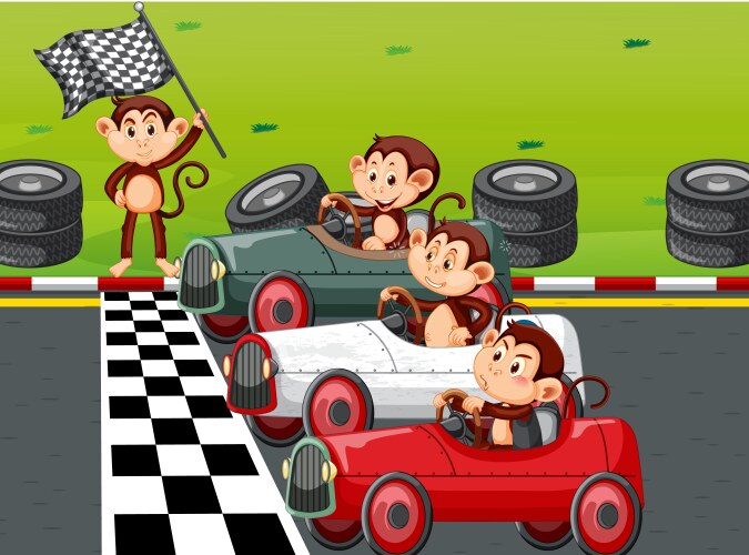Race track scene with monkey racing drivers Vector Image
