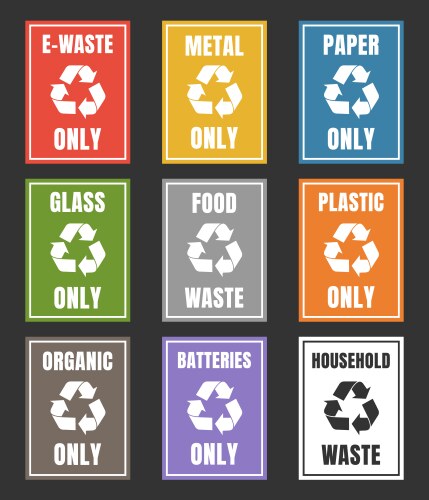 Waste management labels set sorting Royalty Free Vector