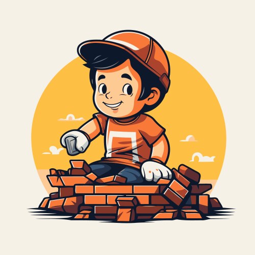 Cartoon bricklayer boy building a wall Royalty Free Vector