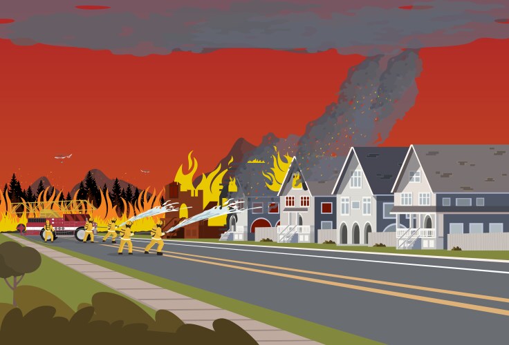 Firefighters and big fire Royalty Free Vector Image