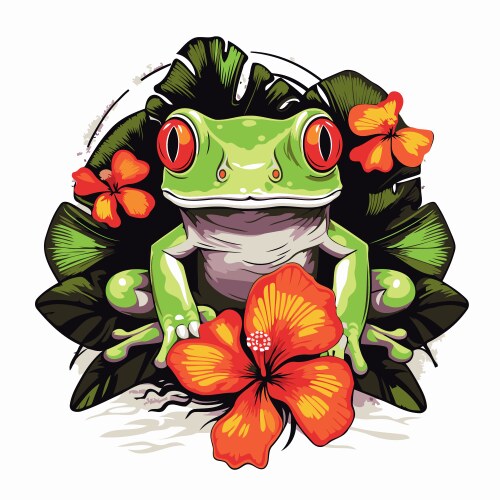 Frog and hibiscus flower hand drawn Royalty Free Vector