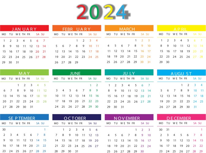 2024 monday start landscape color calendar Vector Image