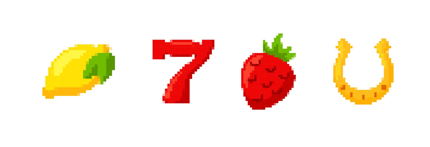 Pixel art symbols with lemon red seven Royalty Free Vector