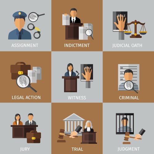 Judicial system icons set Royalty Free Vector Image