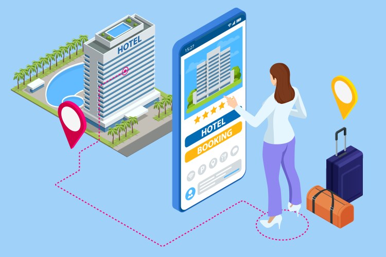 Isometric online hotel booking concept young Vector Image