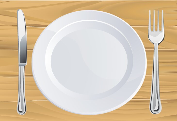 Empty white plate placed on a kitchen table cloth Vector Image