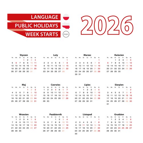 2026 Calendar - Polish Language – Royalty-Free Vector | VectorStock
