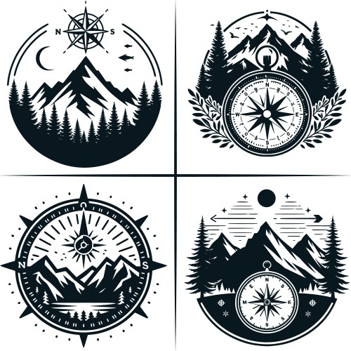 Compass with mountain scene silhouette file Vector Image