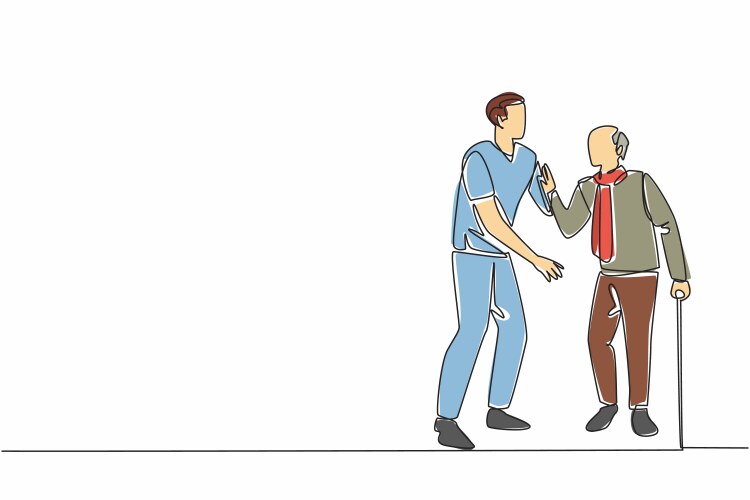 Continuous one line drawing male caregiver kneels Vector Image