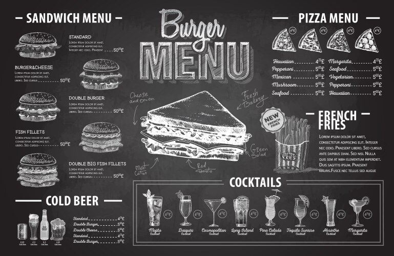 Vintage chalk drawing burger menu design Vector Image