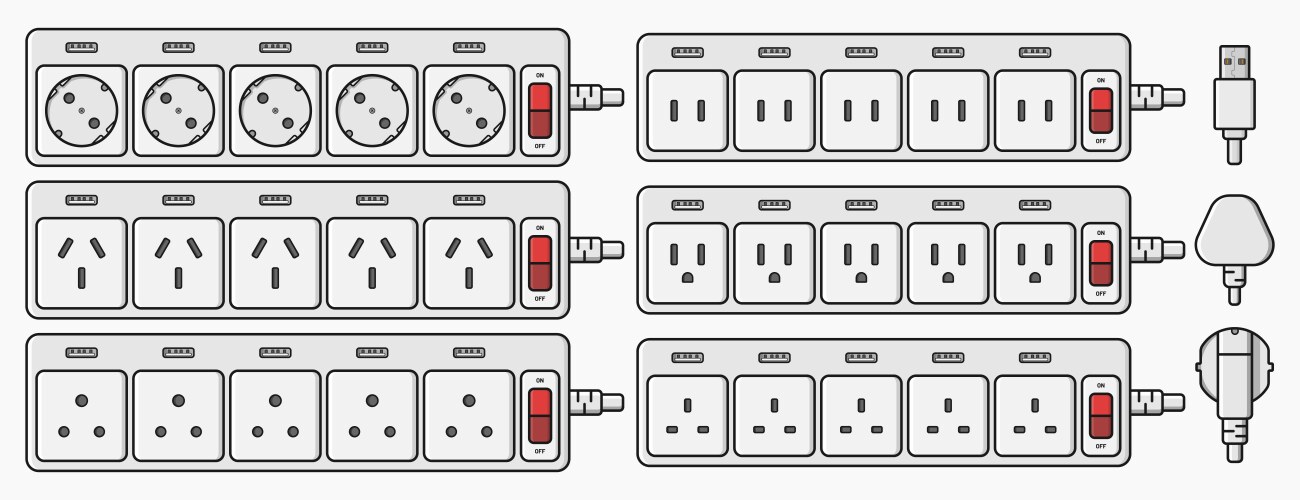 Power outlet plug extension strip type b set flat Vector Image