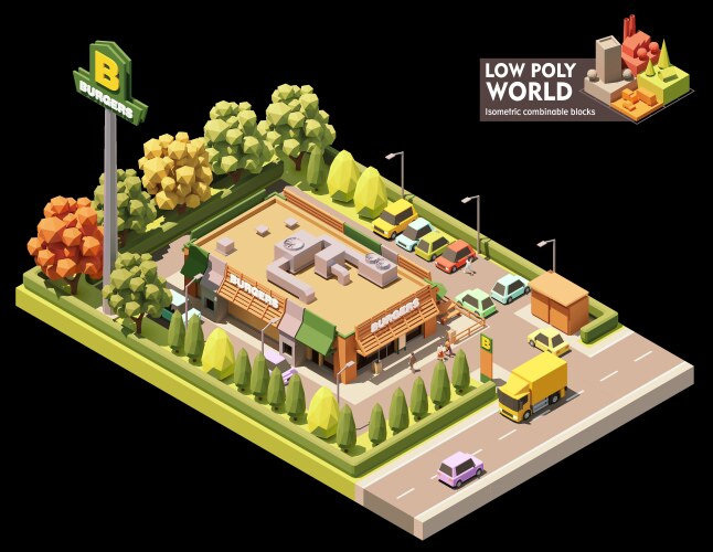 Isometric low poly fast food restaurant Royalty Free Vector