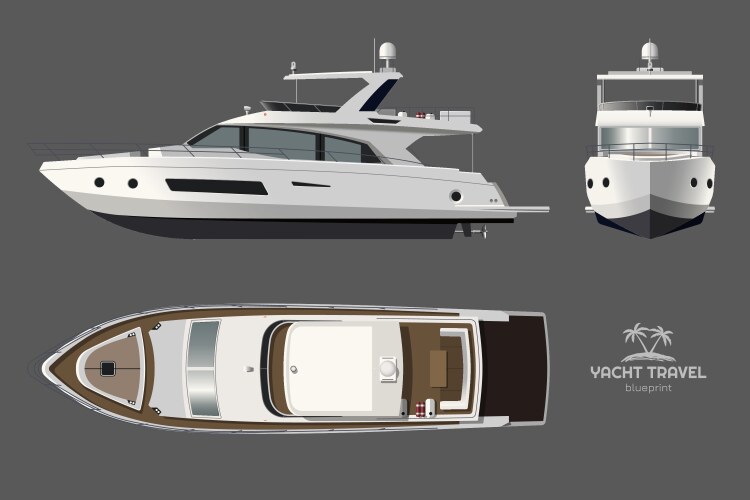 Outline yacht drawing side front and top views Vector Image