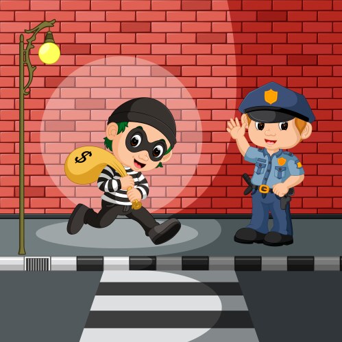 Cartoon policeman chasing a thief Royalty Free Vector Image