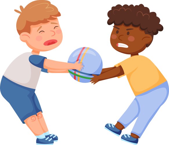 Two boys fighting over a ball one crying while Vector Image