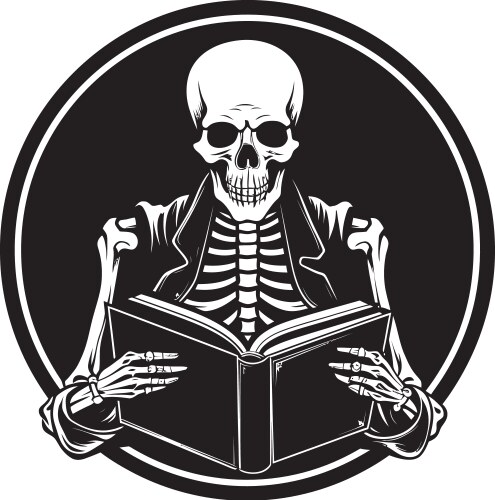 Skull and scrolls skeleton with book black logo Vector Image