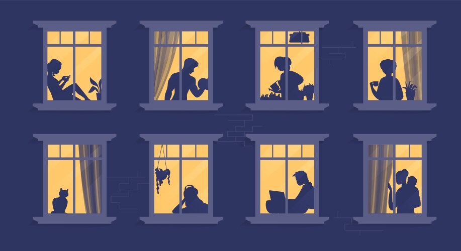 Human silhouettes in evening windows Royalty Free Vector