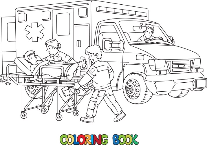 Paramedics and Ambulance - Coloring Page Vector Image
