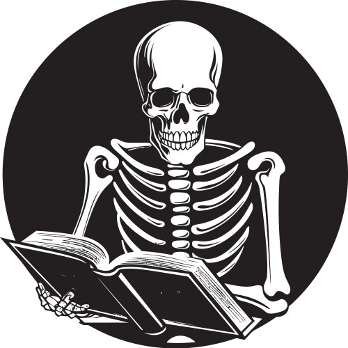 Skull and scrolls skeleton with book black logo Vector Image