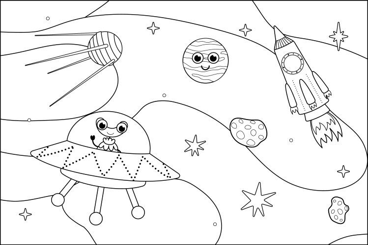 Coloring page earth moon satellite rocket Vector Image