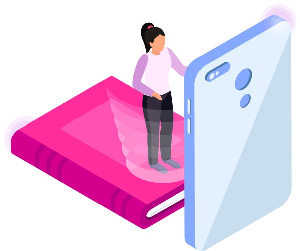 Tiny reader characters utilize online library Vector Image