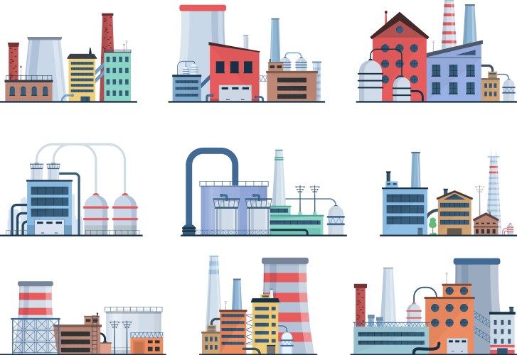 Industrial factory buildings architectural set Vector Image