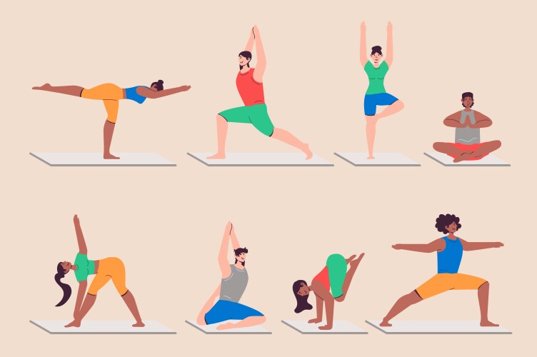 Seamless pattern with characters in yoga asanas Vector Image