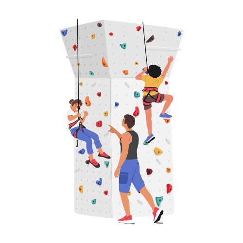 Cartoon Girl Rock Climbing Wall Sportive Young Woman Climbing Wall.