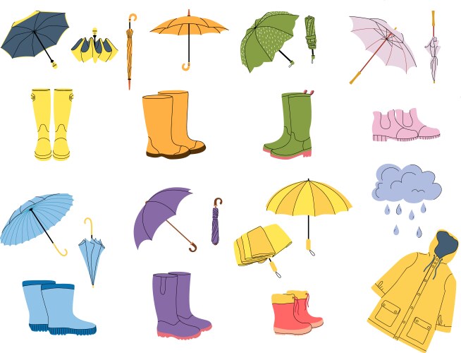 Waterproof clothes and things for rainy weather Vector Image