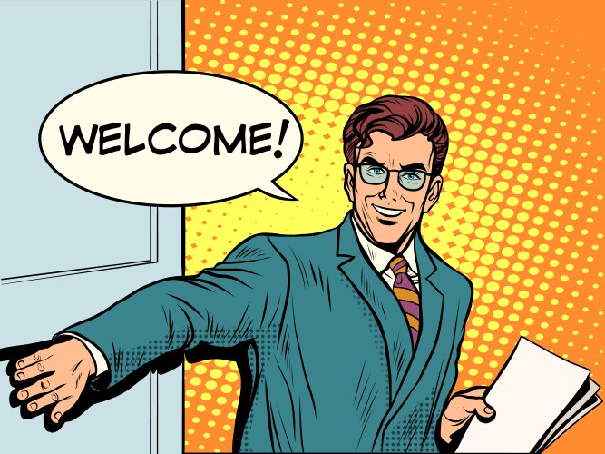 Pop art man opens door greeting Royalty Free Vector Image