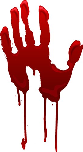 Red bloody hand print dripping blood against white