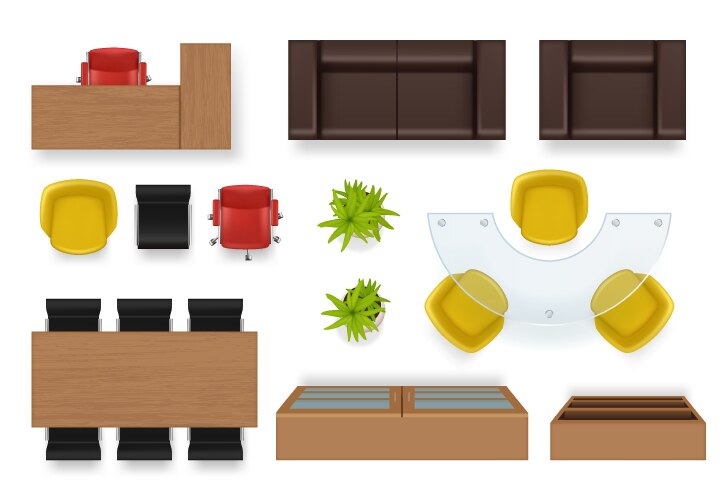 Office interior elements top view set Royalty Free Vector
